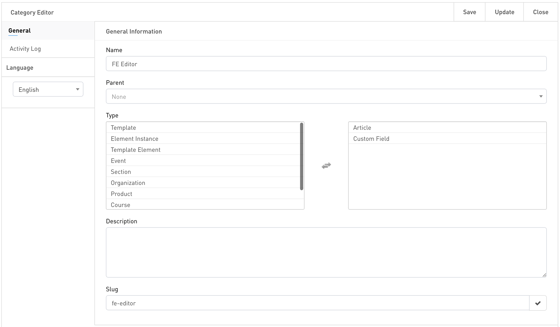 Front End Editor category for Articles and Custom Fields